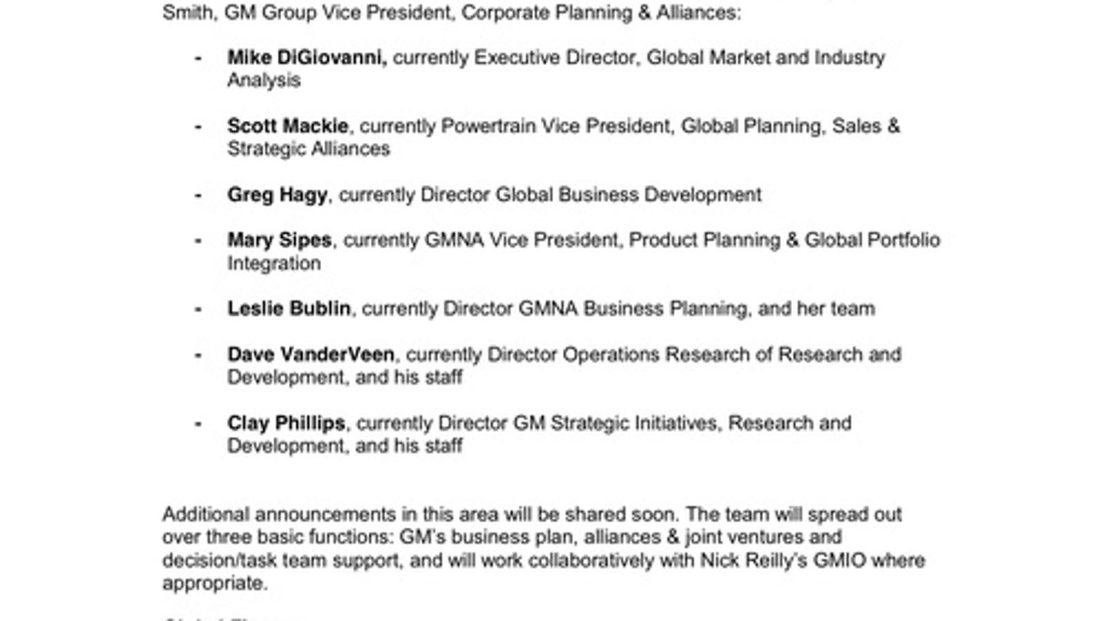 Leaked Memo Details Major GM Organizational Changes Leaked Memo Details Major GM Organizational Changes